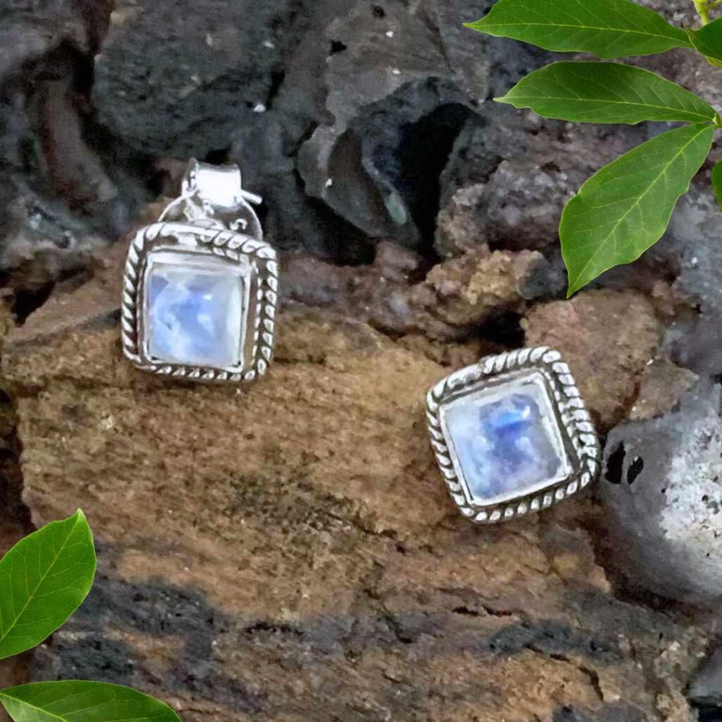 Rainbow Moonstone and Sterling Silver Square Stud Earrings - GLE-Good Living Essentials
